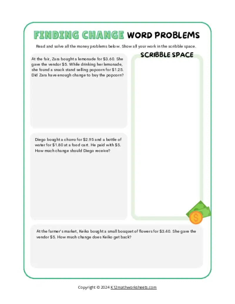 3rd Grade Finding Change Word Problem Worksheets K12 Math Worksheets